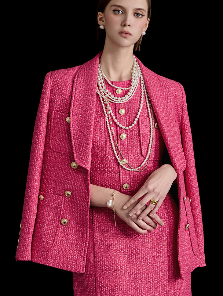 J1616 Tweed Shawl Collar Double Button Jacket