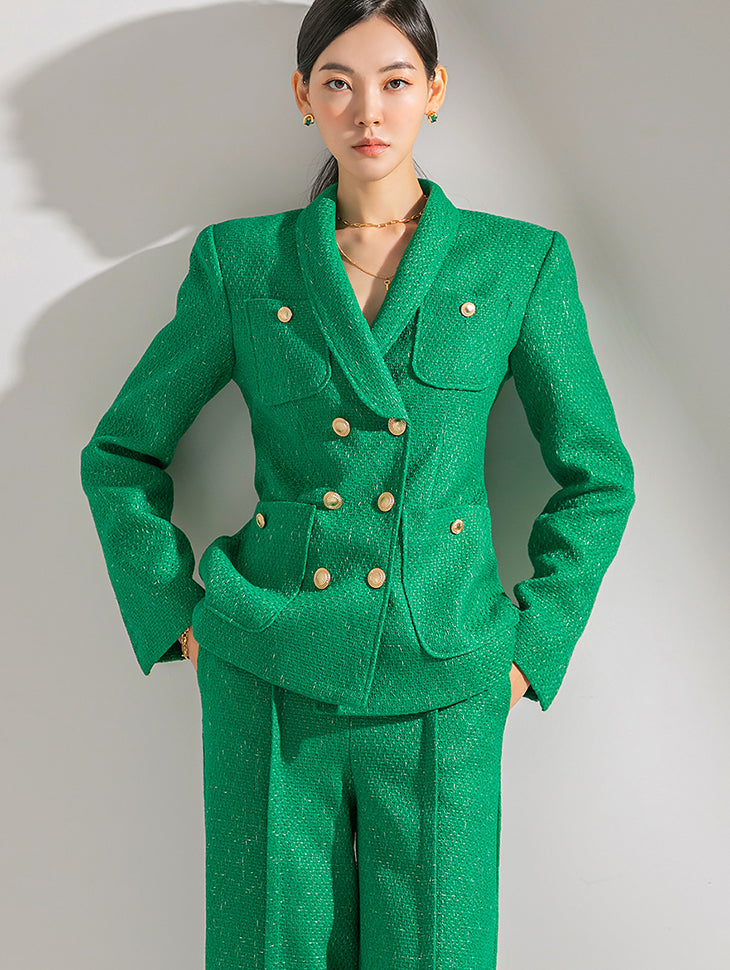 J1616 Tweed Shawl Collar Double Button Jacket