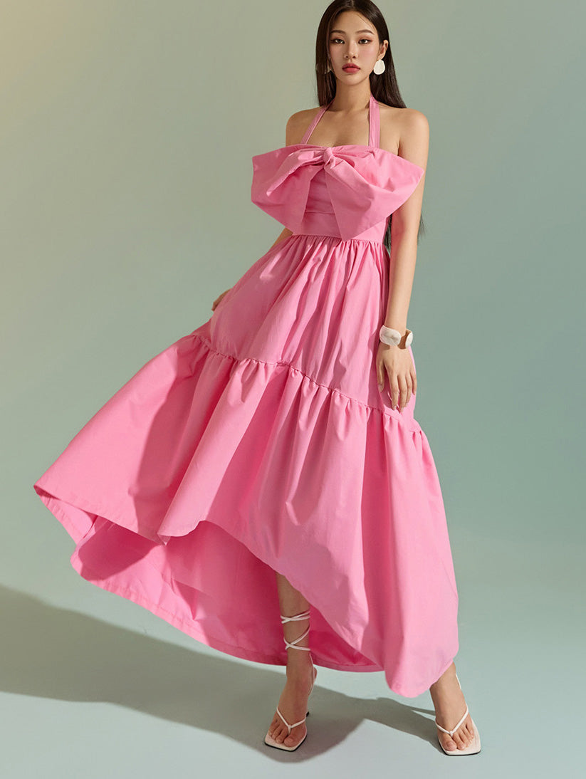 D9450 Halter Neck Dress with Ribbon